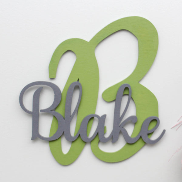 Wooden Monogram and Script Name Sign - Timeless Notions